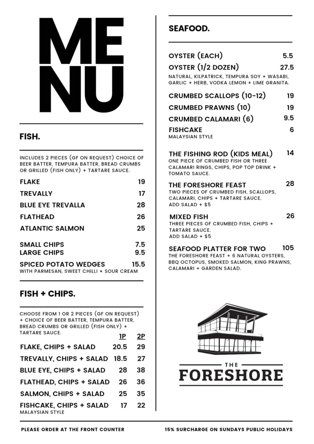 Menu at The Foreshore restaurant, Burnie