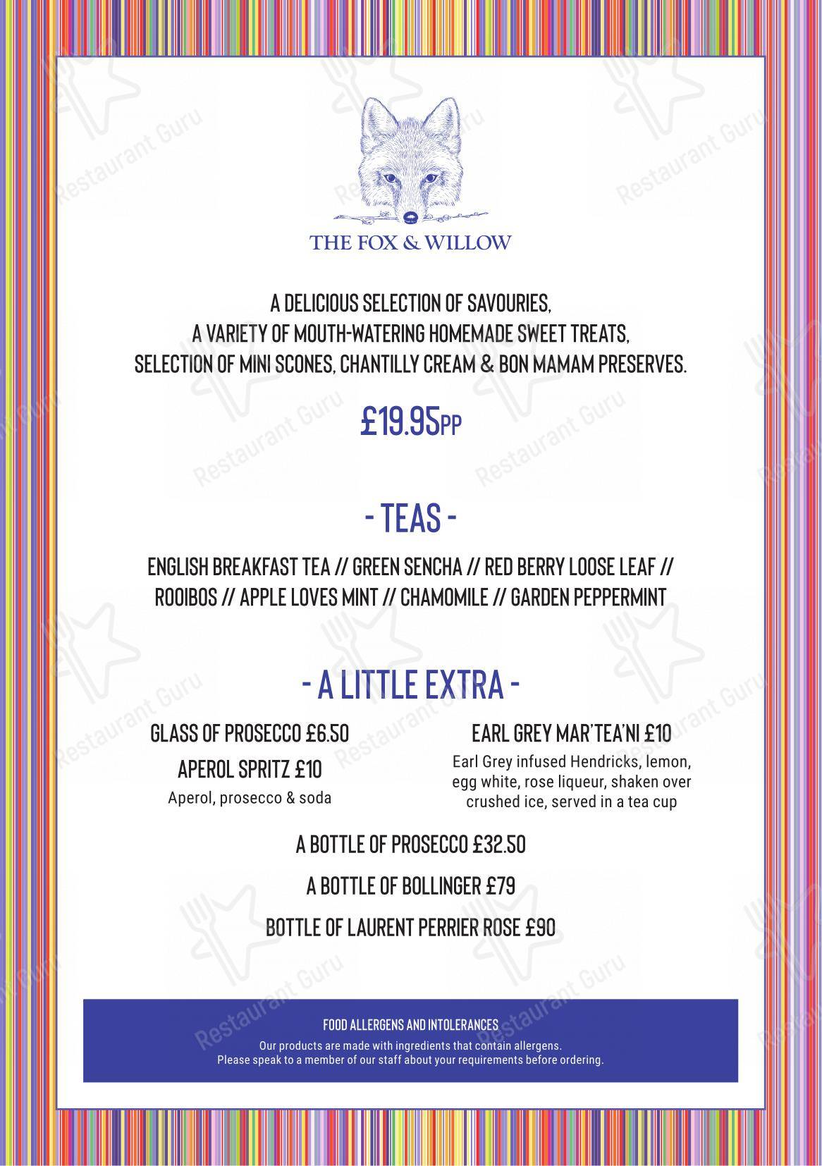 Menu at The Fox & Willow pizzeria, Ayr