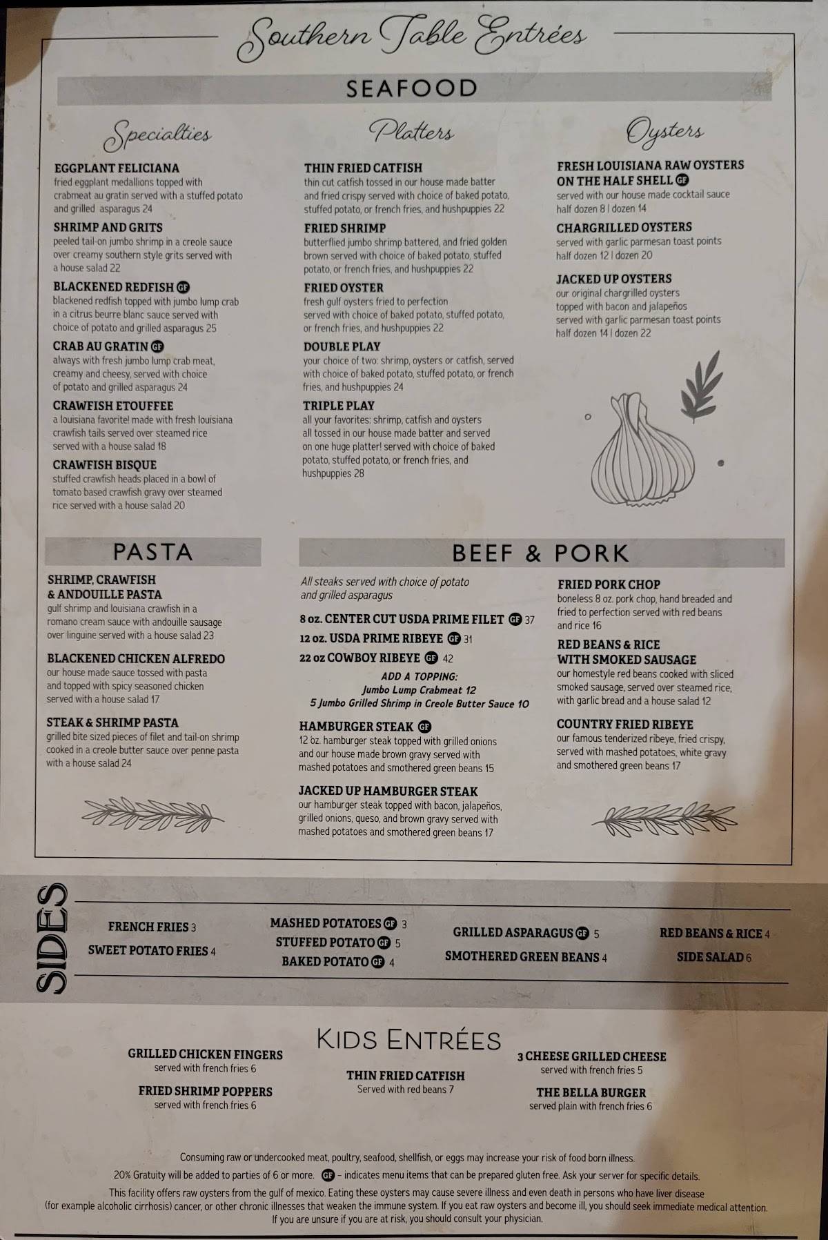 Menu at The Francis Southern Table & Bar, Saint Francisville, US-61
