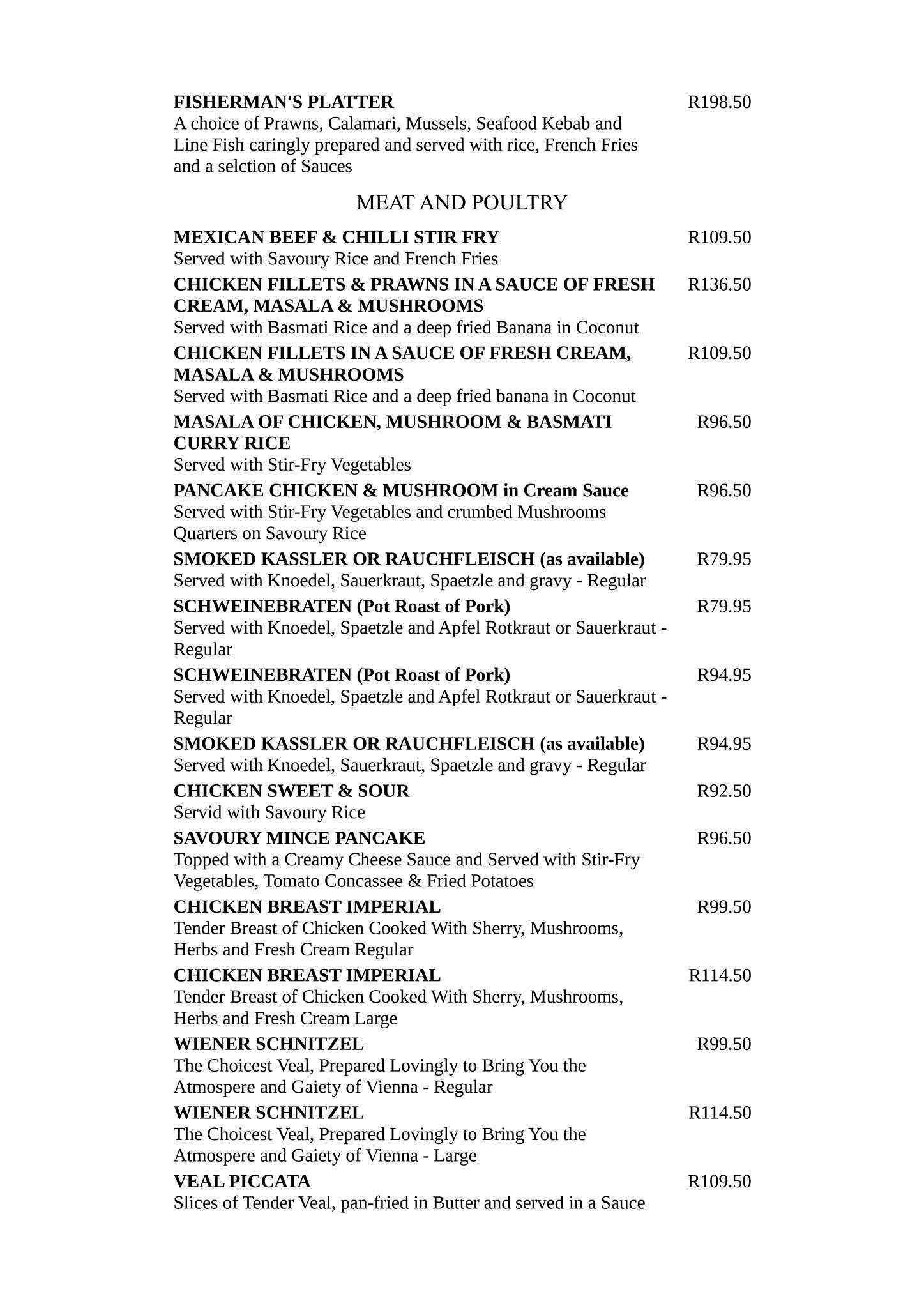 Menu at The Galley Fish Hoek restaurant, Cape Town, Beach Rd