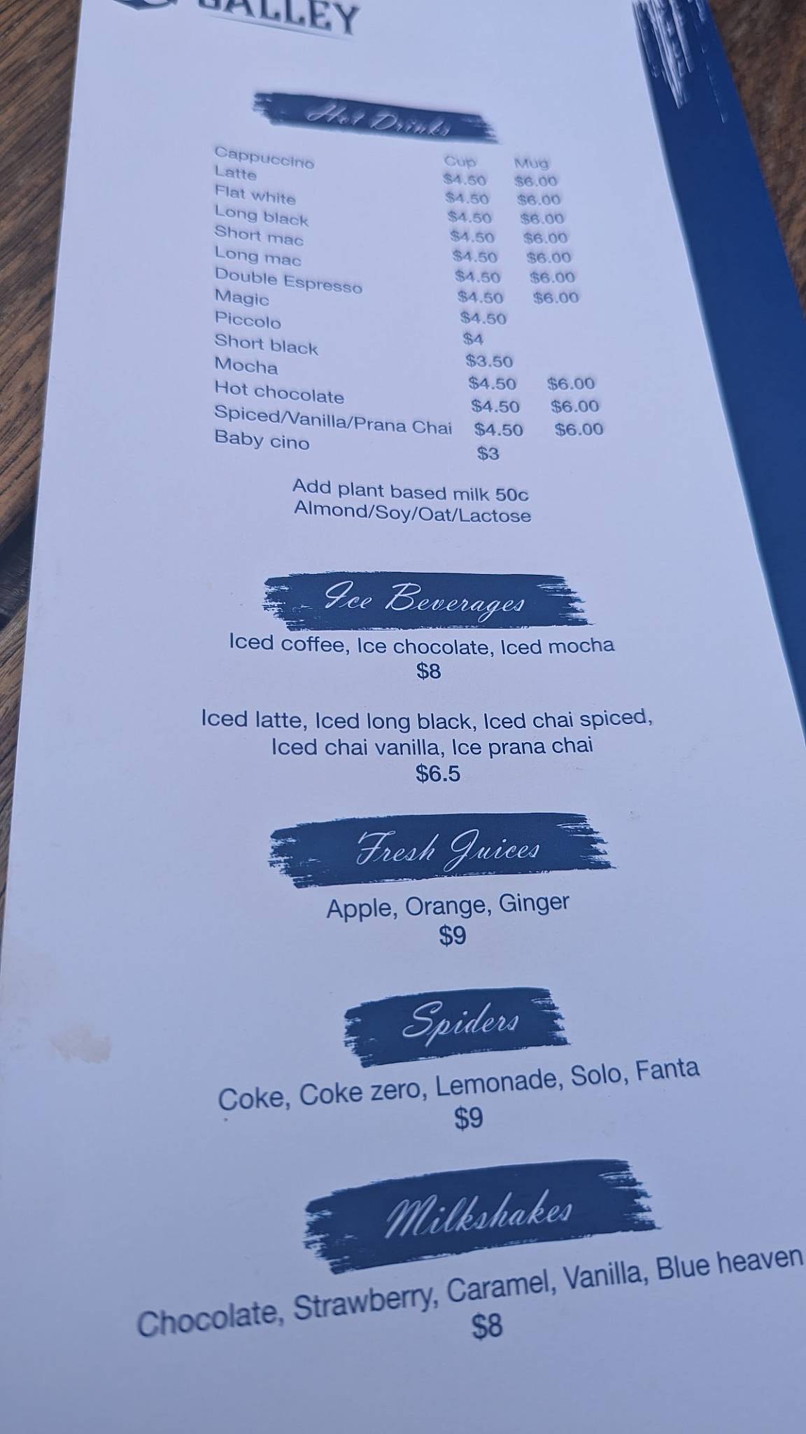 Menu at The Galley cafe, Carrum