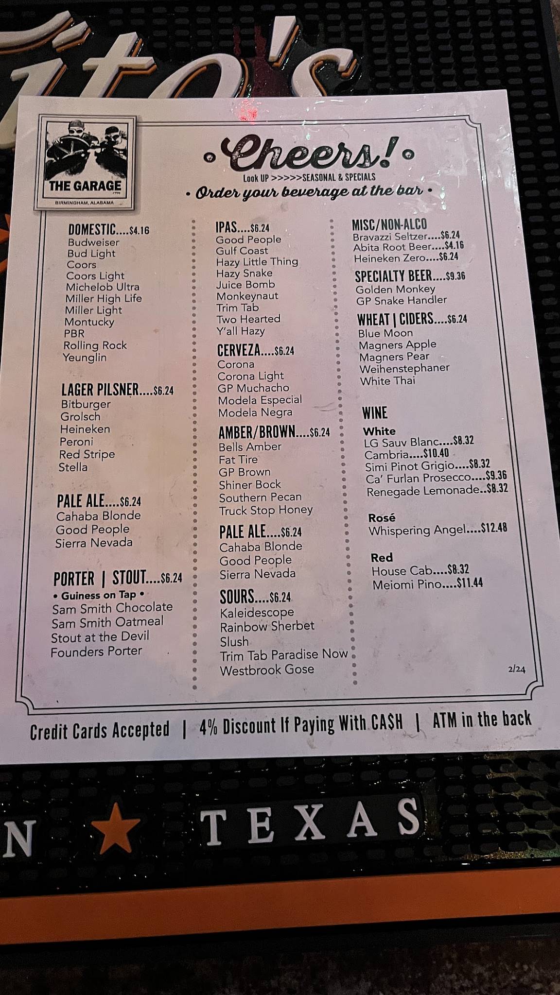 Menu at The Garage pub & bar, Birmingham