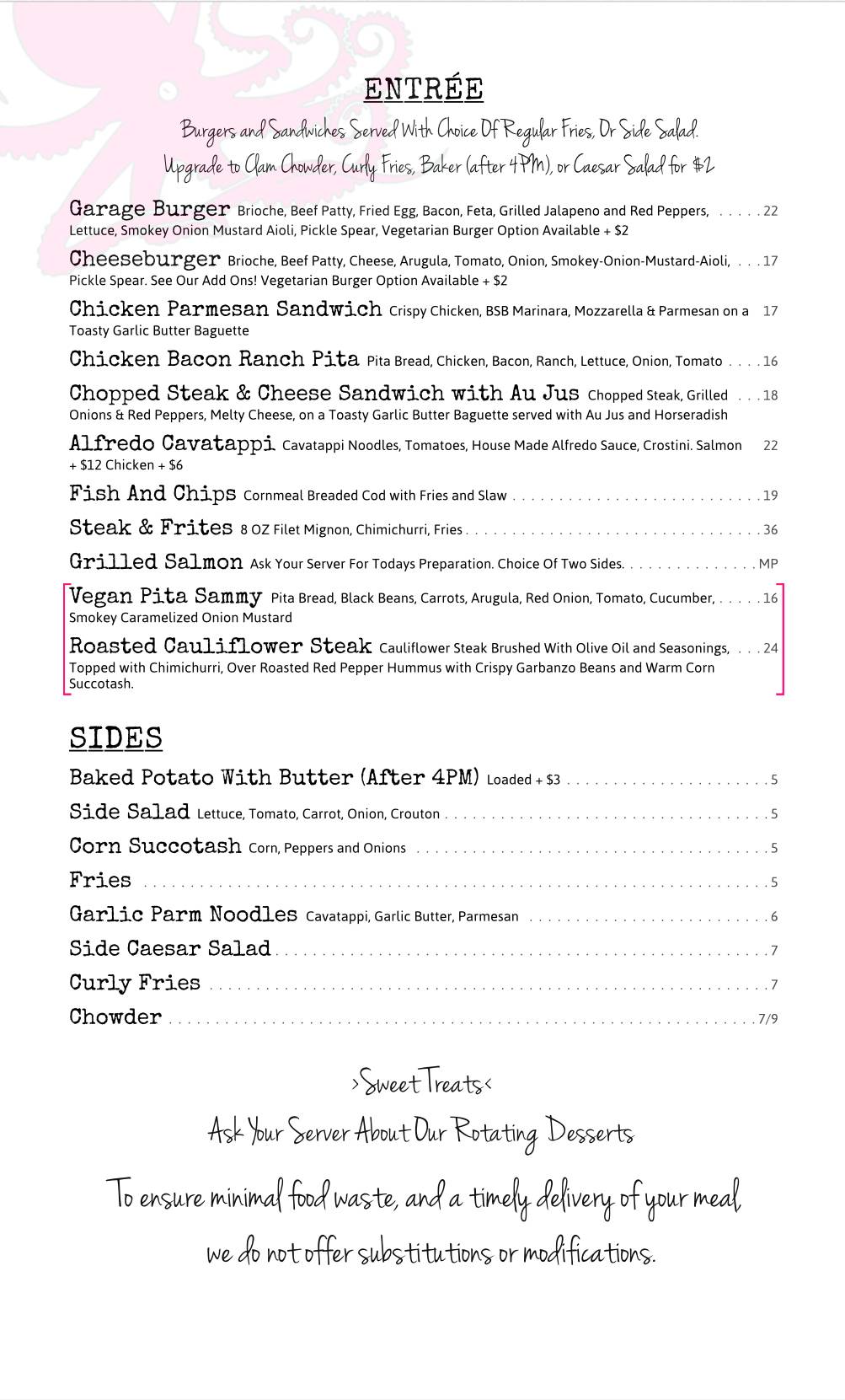 Menu at The Garage Gastropub & Social, Ocean Shores