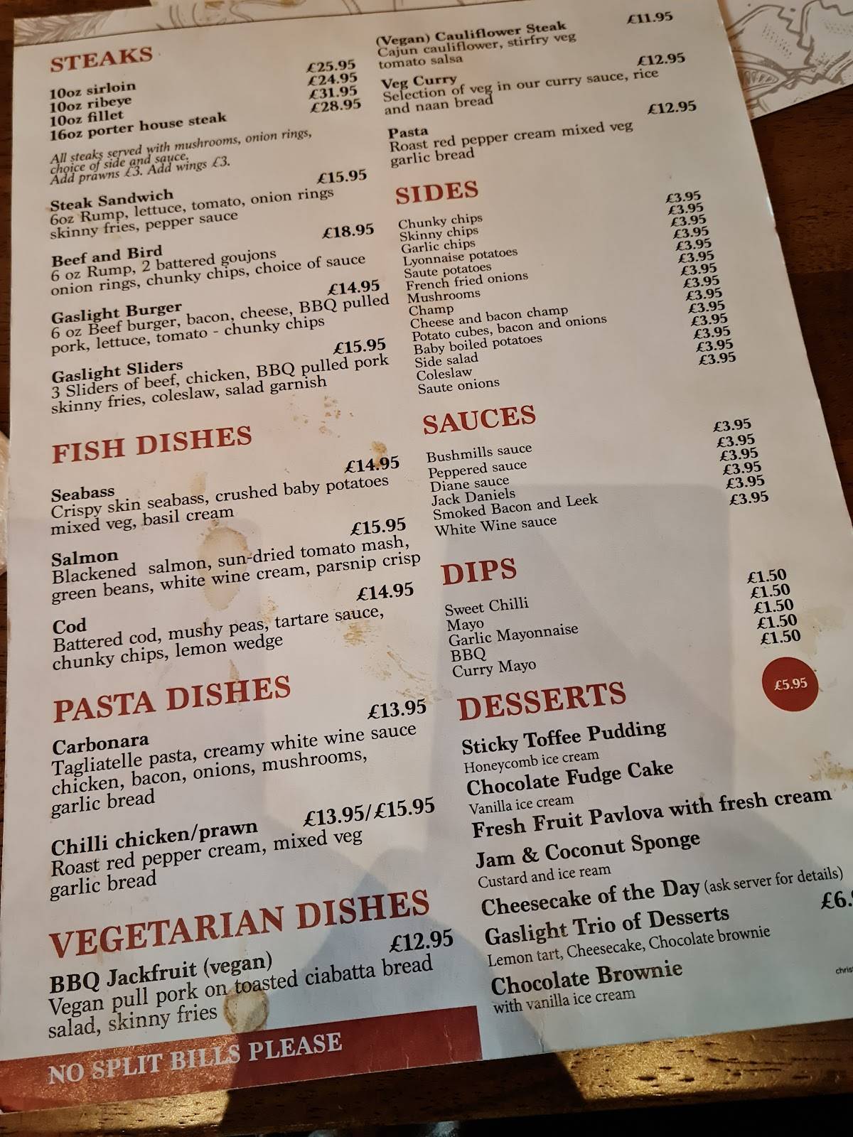 Menu at The Gaslight Cookstown restaurant, Cookstown