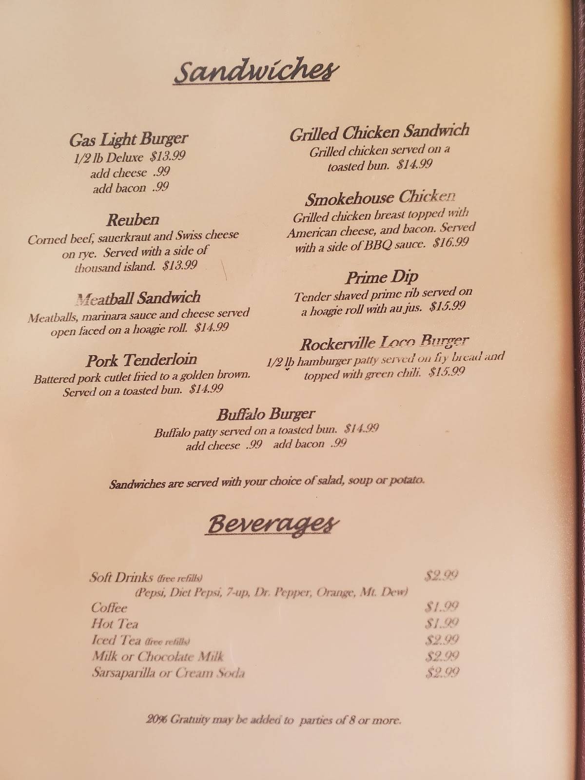 Menu at The Gaslight Dining Saloon pub & bar, Rockerville
