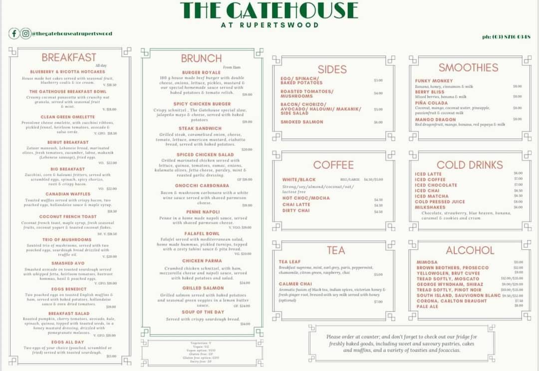 Menu at The Gatehouse at Rupertswood restaurant, Sunbury