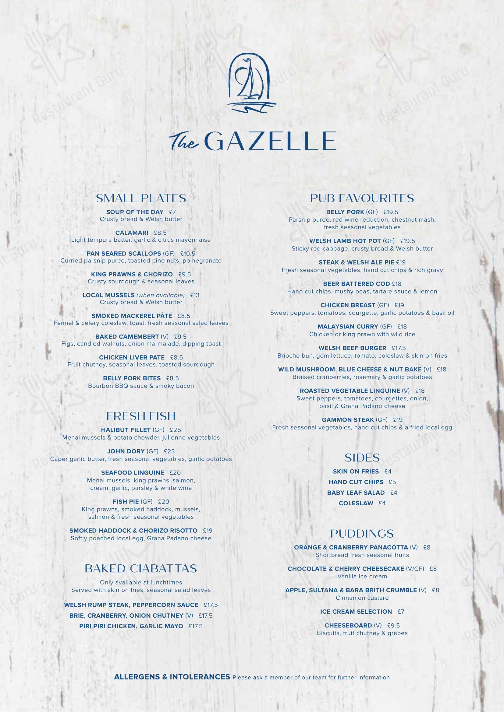 Menu at The Gazelle Hotel pub & bar, Menai Bridge, Glyngarth