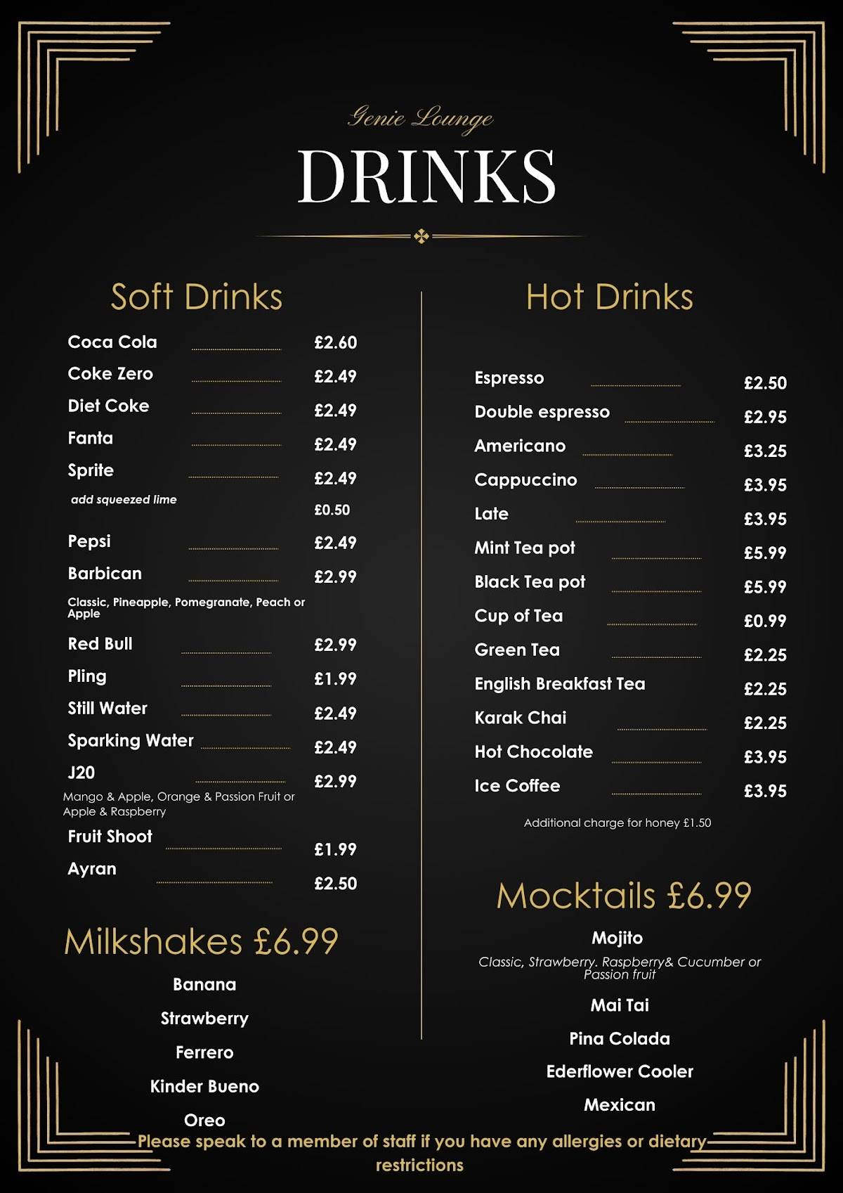 Menu at The Genie Lounge restaurant, Peterborough