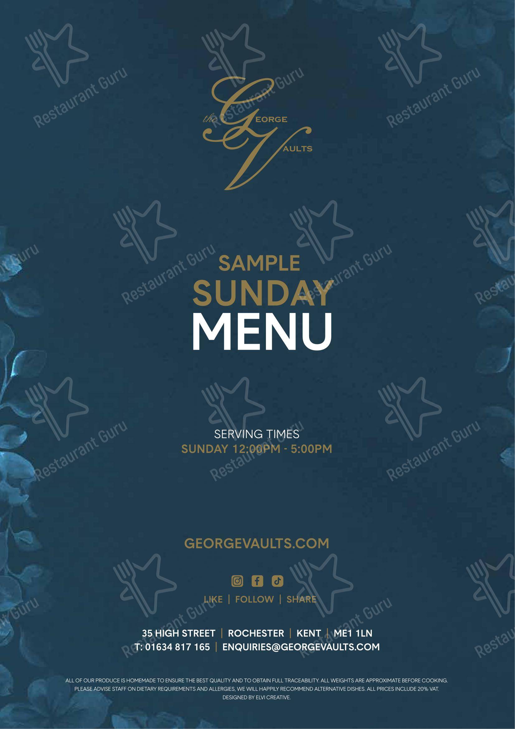 Menu at The George Vaults restaurant, Rochester