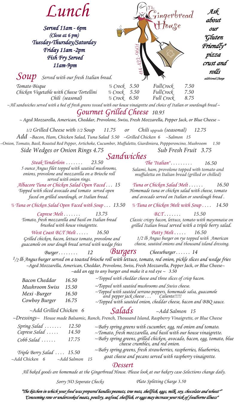 Menu at The Gingerbread House cafe, Muskego