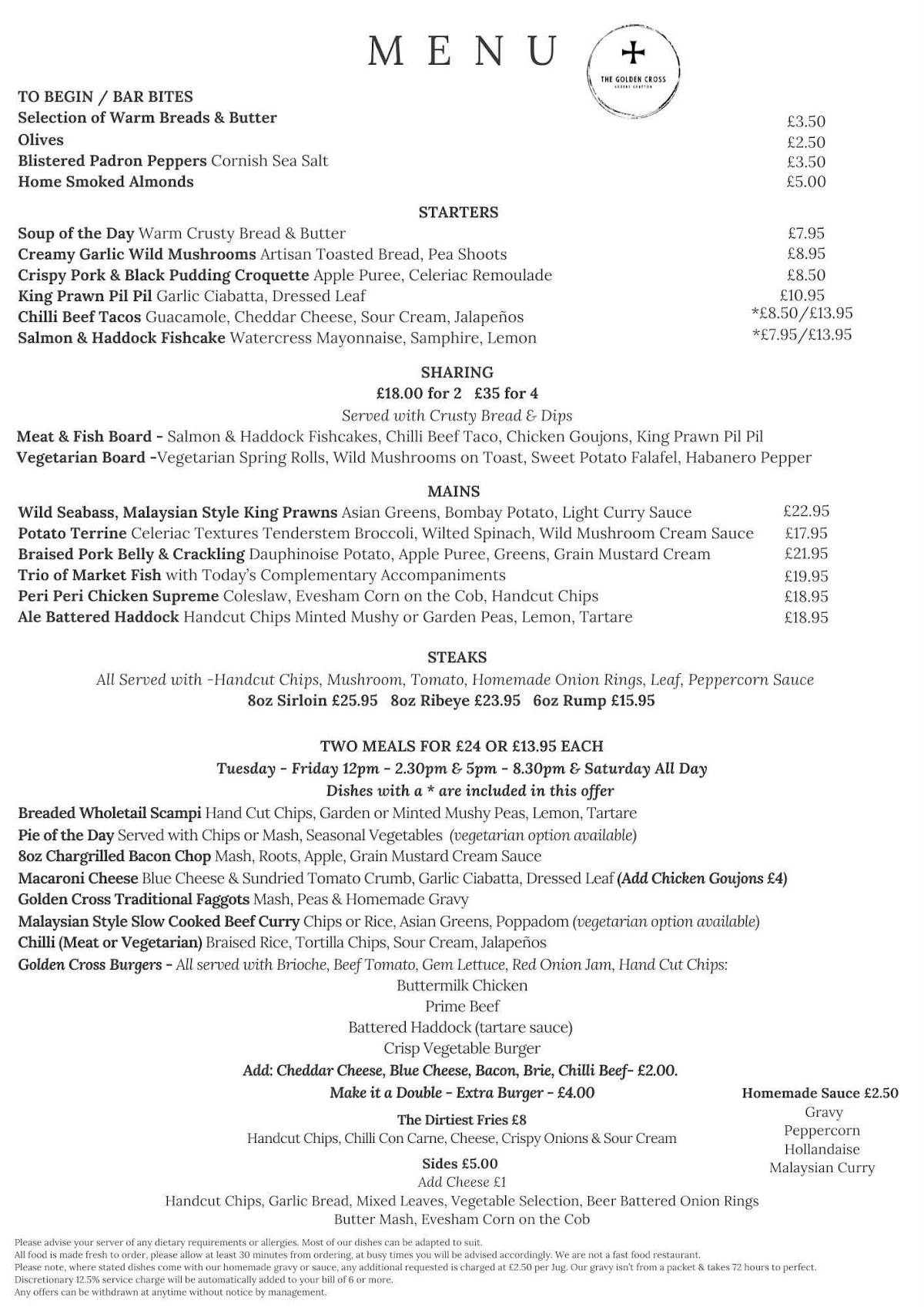 Menu at The Golden Cross pub & bar, Alcester, Wixford Rd