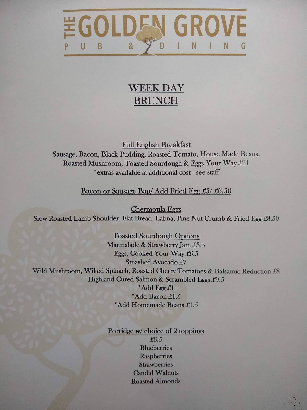 Menu at The Golden Grove pub & bar, Chertsey