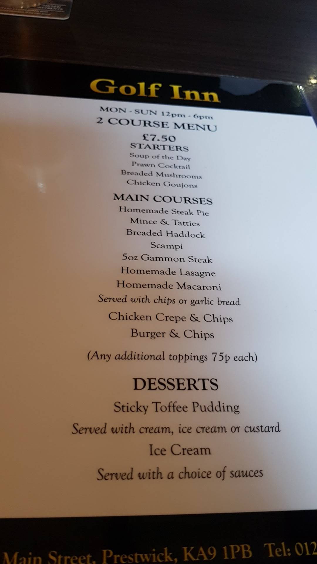 Menu at The Golf Inn pub & bar, Prestwick, 154 Main St