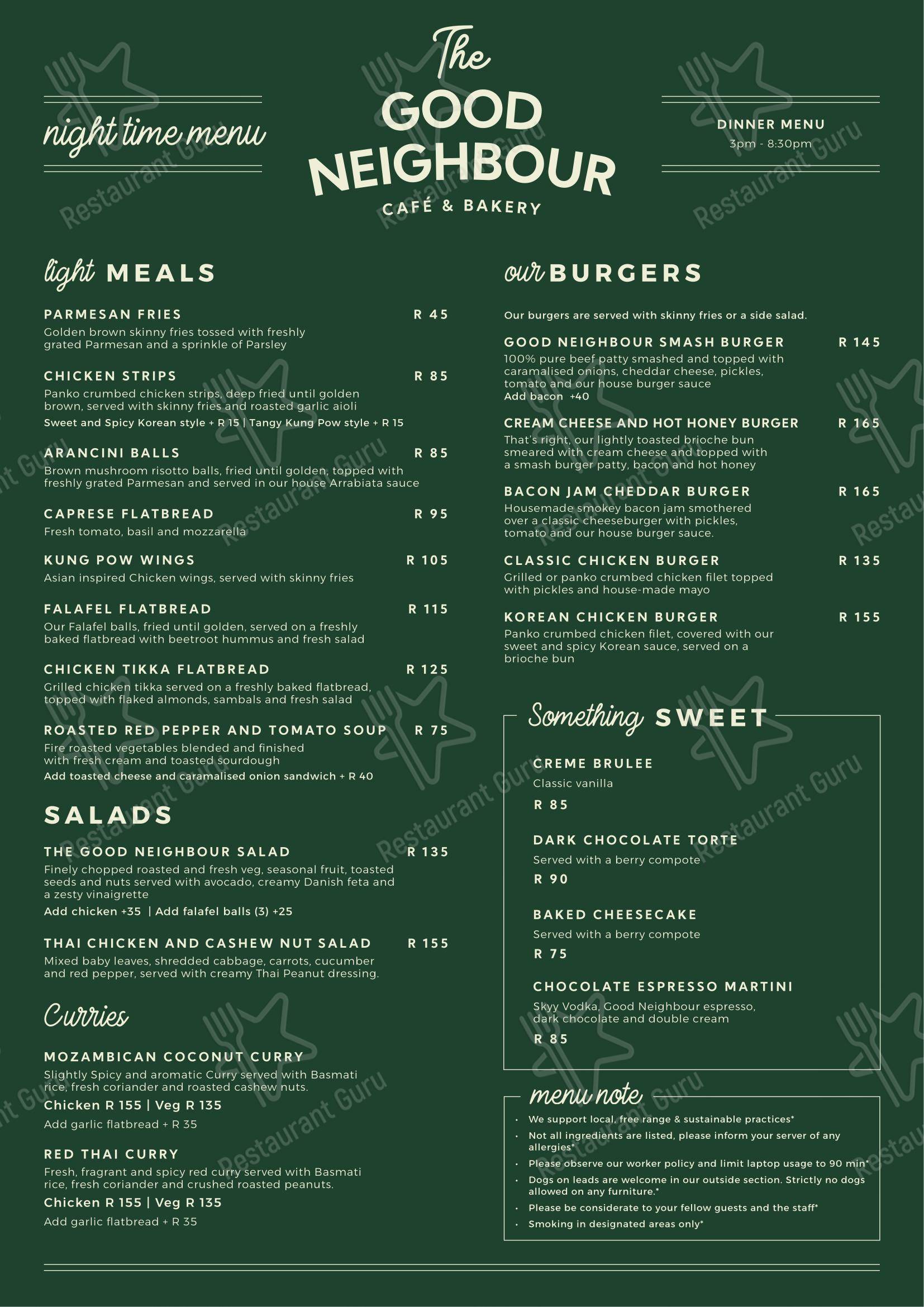 Menu at The Good Neighbour Café & Bakery, Cape Town