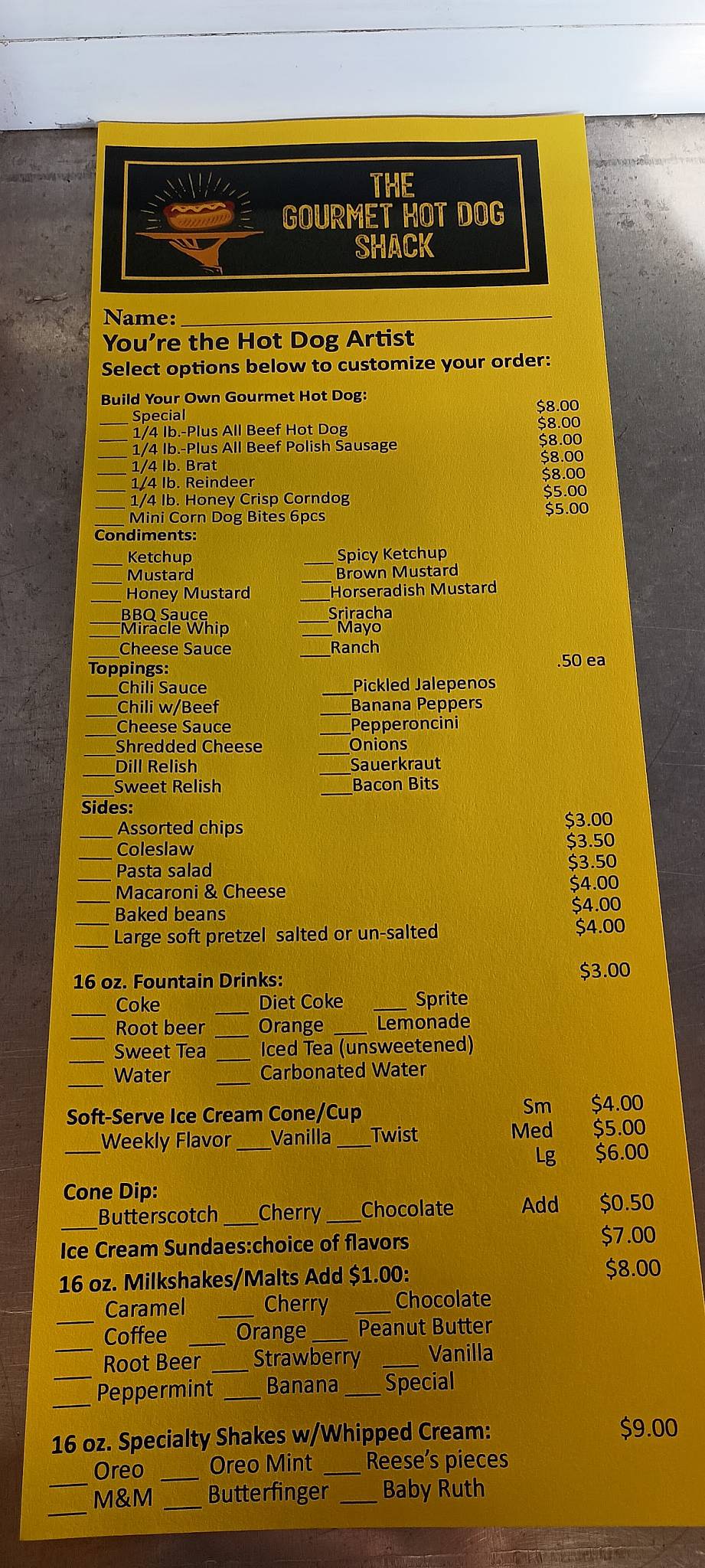 Menu at The Gourmet Hot Dog Shack restaurant, Homer