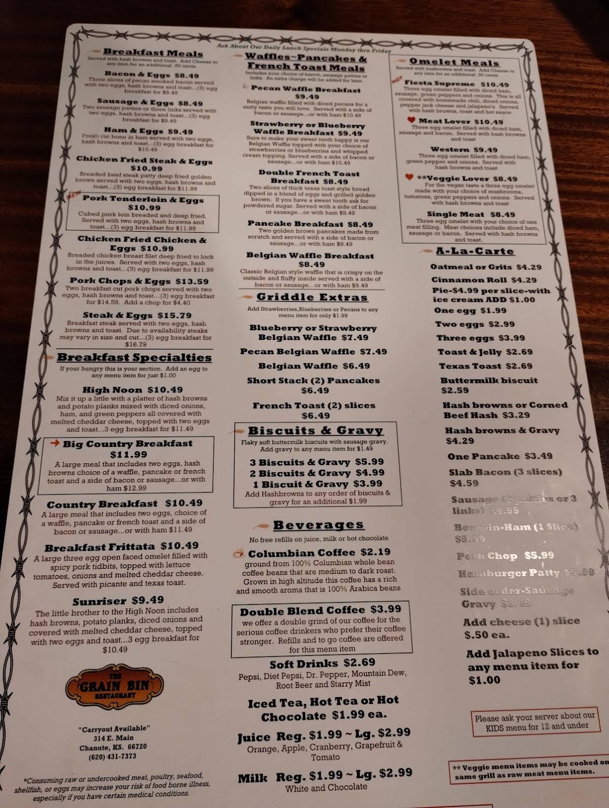 Menu at The Grain Bin Restaurant, Chanute