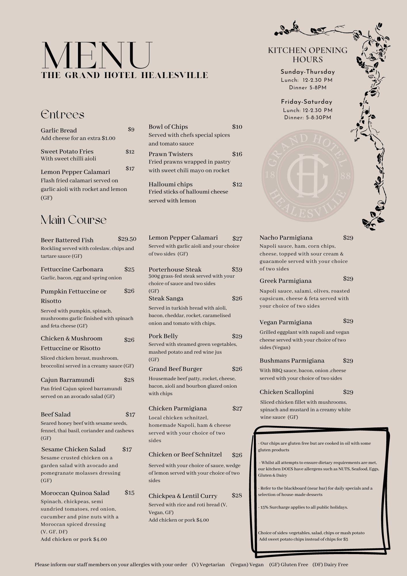 Menu at Grand Hotel Healesville - The Local pub & bar, Healesville