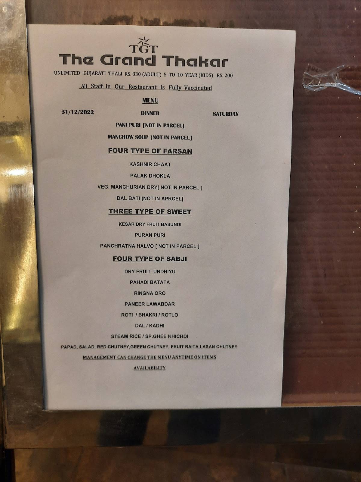 Menu at The Grand Thakar, Ahmedabad, 101 -Dev Arc Commercial Complex ...