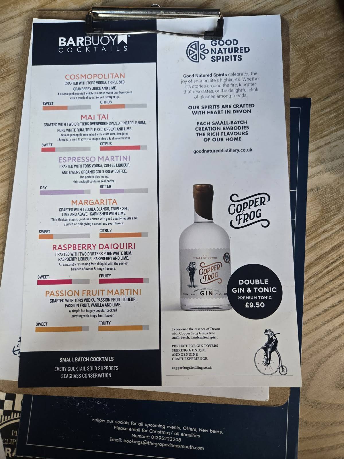 Menu at The Grapevine Brewhouse pub & bar, Exmouth