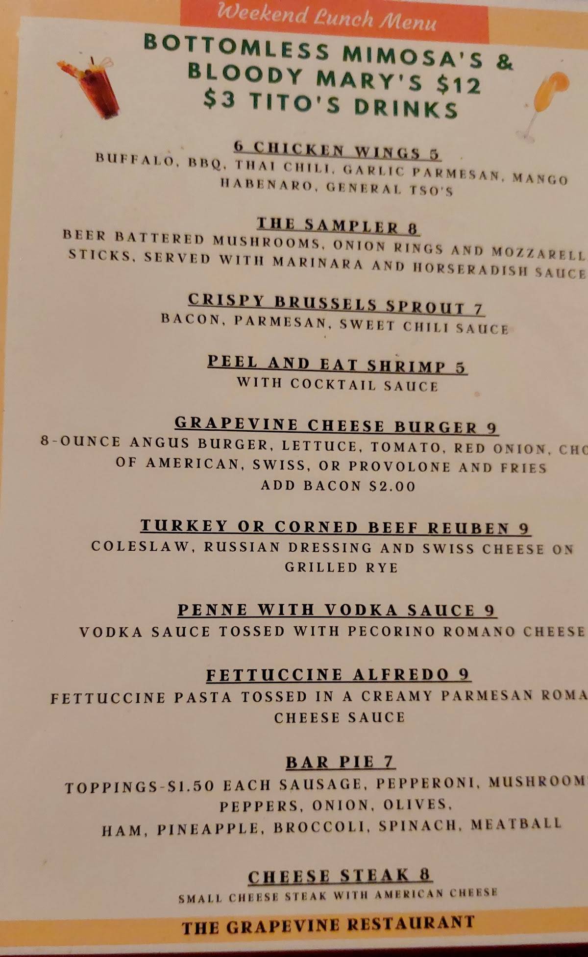 Menu at The Grapevine restaurant, Tuckerton