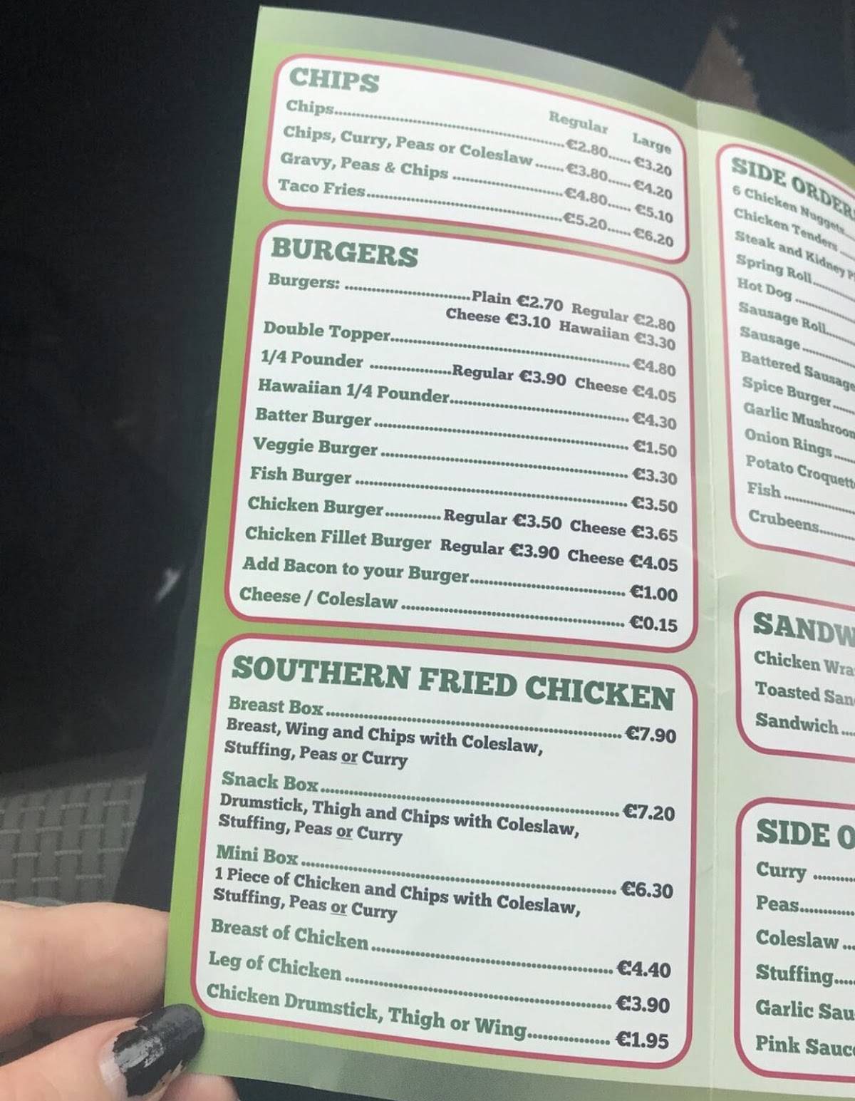 Menu at The Green Rooster fast food, Tralee