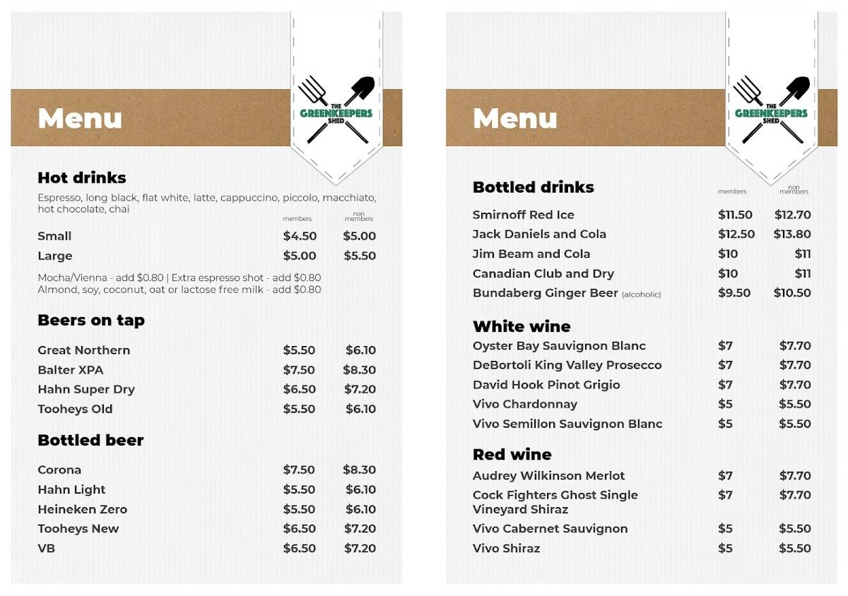 Menu at The Greens The Entrance restaurant, The Entrance