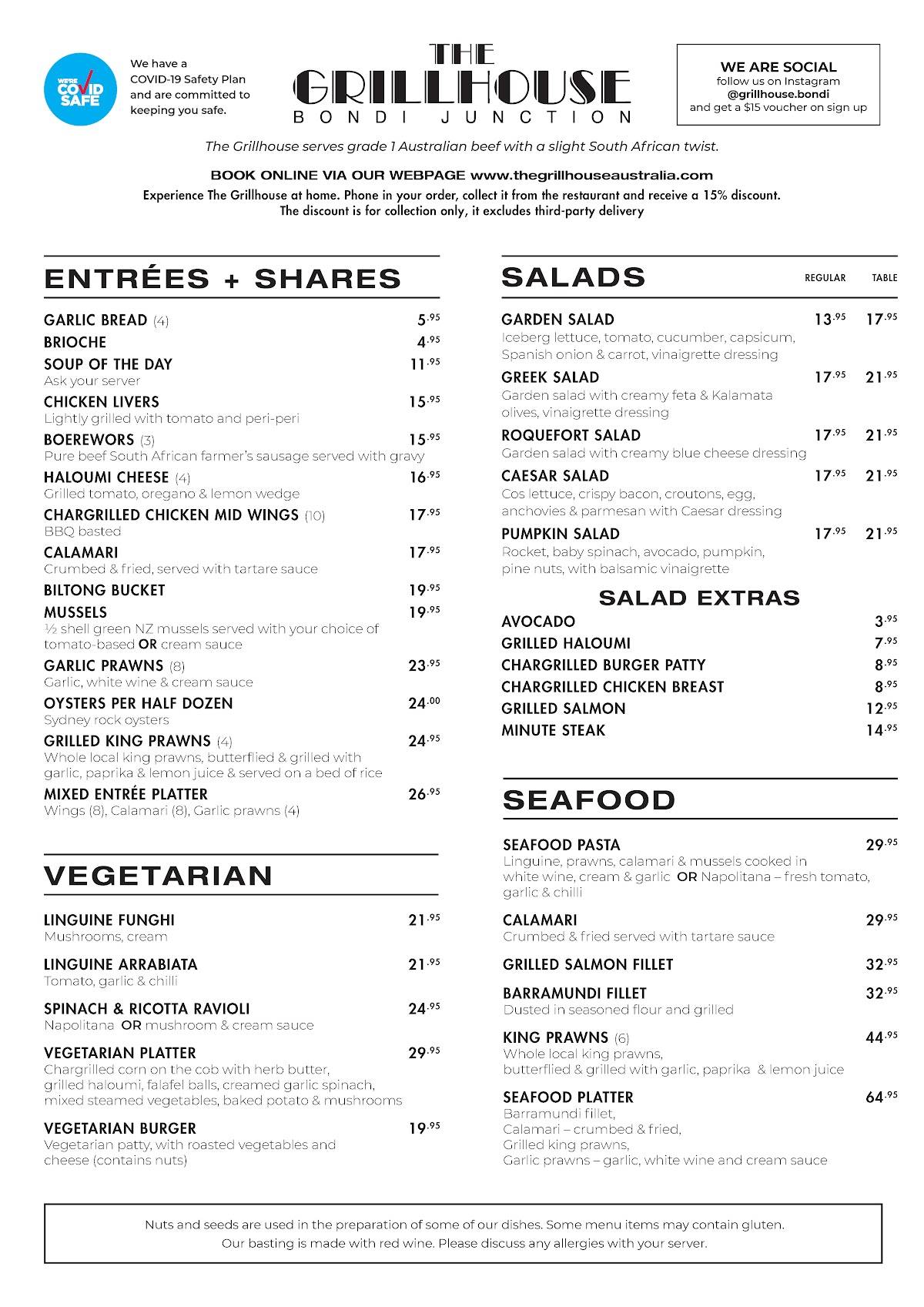 Menu at The Grillhouse Bondi Junction restaurant, Bondi Junction, 500 ...