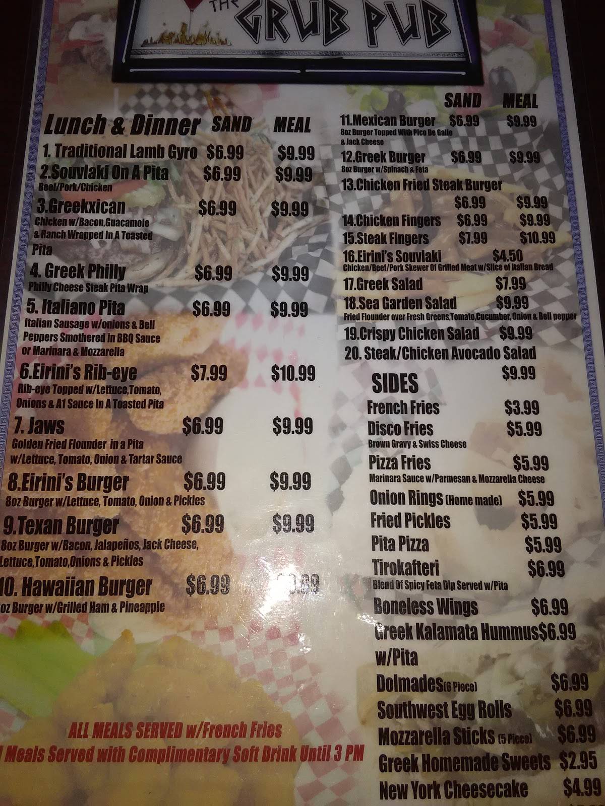 Menu at The Grub Pub, Corpus Christi