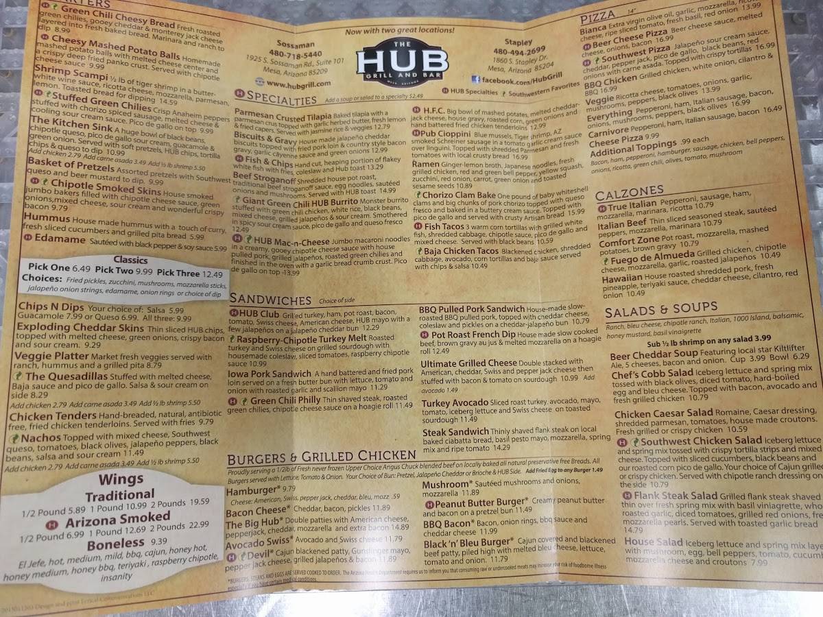 Menu at The HUB Grill and Bar, Mesa, S Sossaman Rd