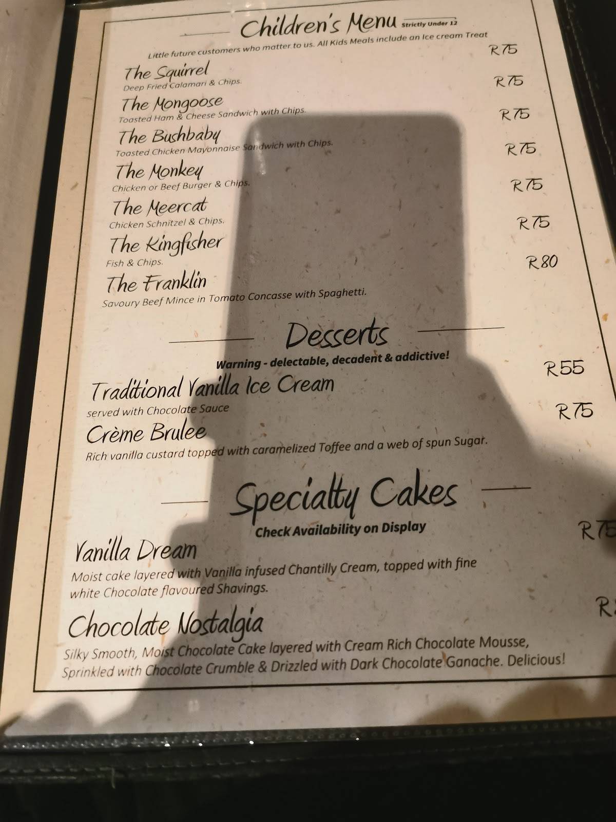 Menu at The Hat & Creek restaurant, Hoedspruit