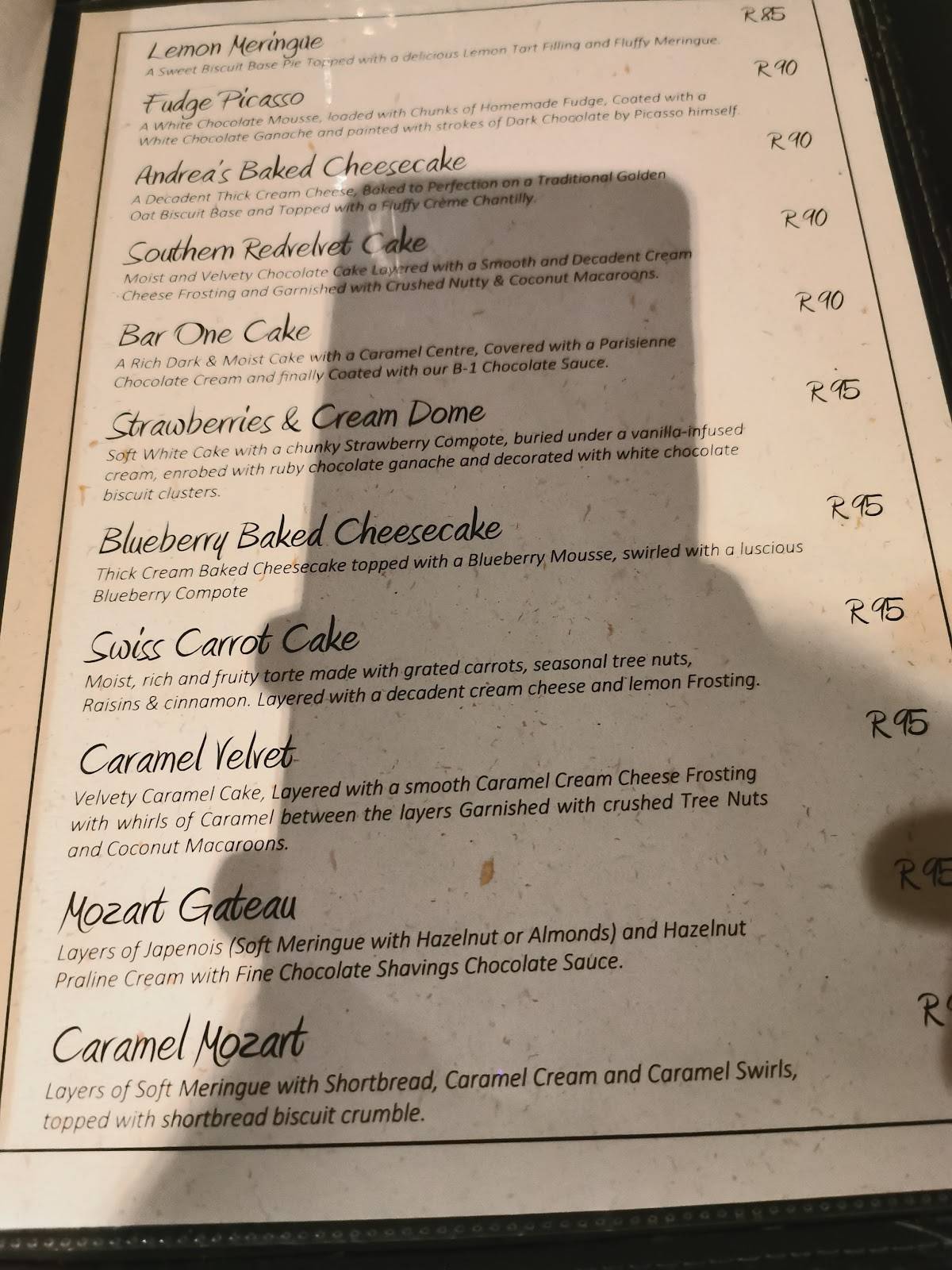 Menu at The Hat & Creek restaurant, Hoedspruit