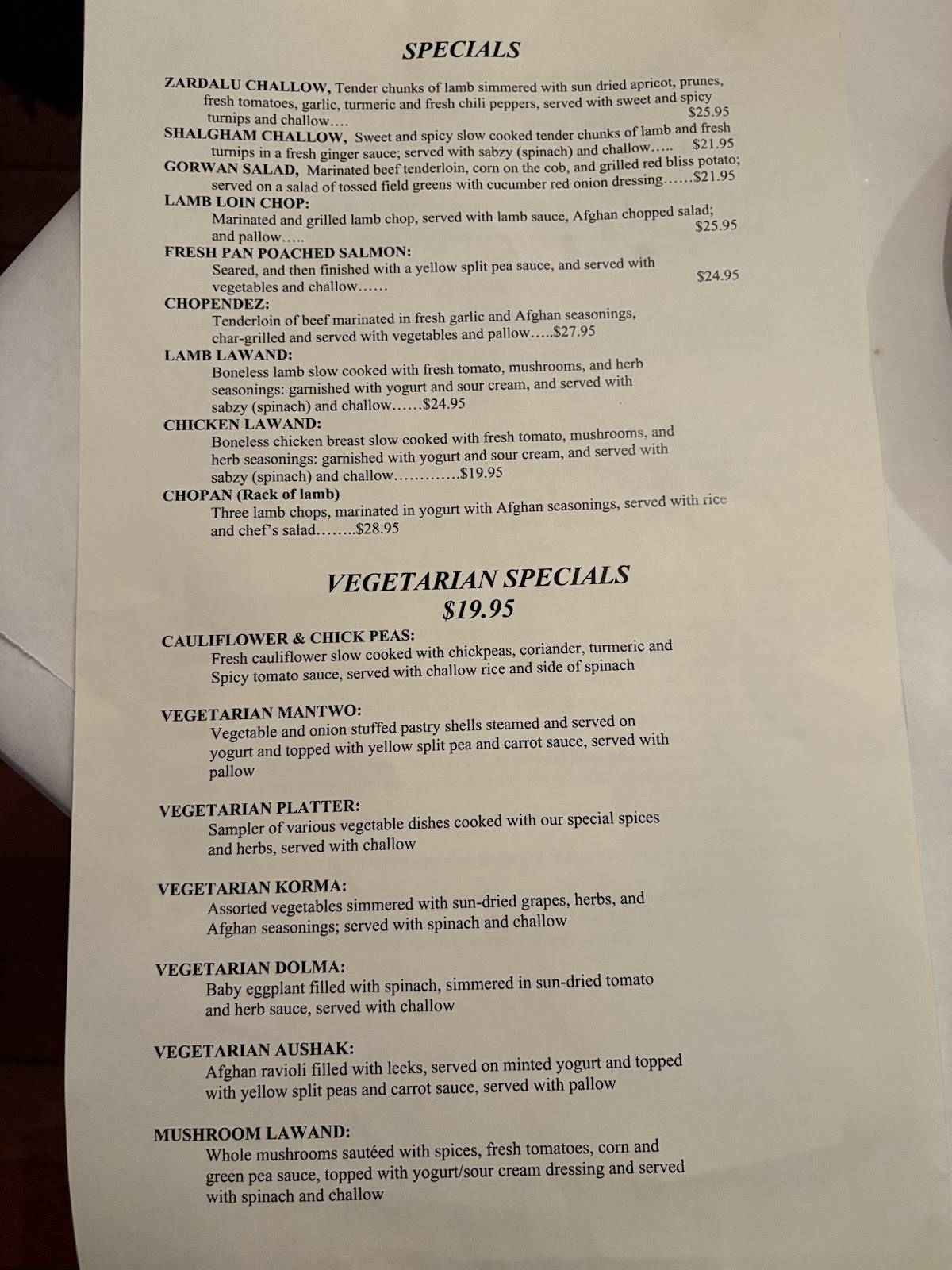 Menu at The Helmand restaurant, Baltimore, 806 N Charles St