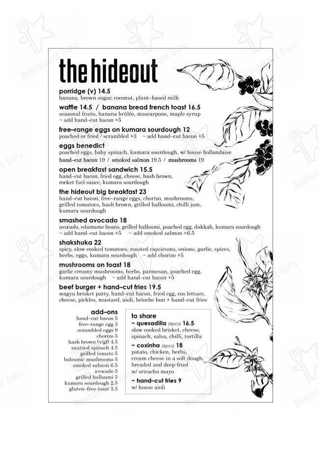 Menu at The Hideout Espresso Bar, Auckland