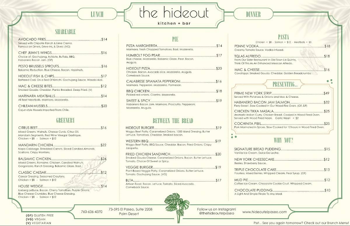 Menu at The Hideout Kitchen + Bar, Palm Desert