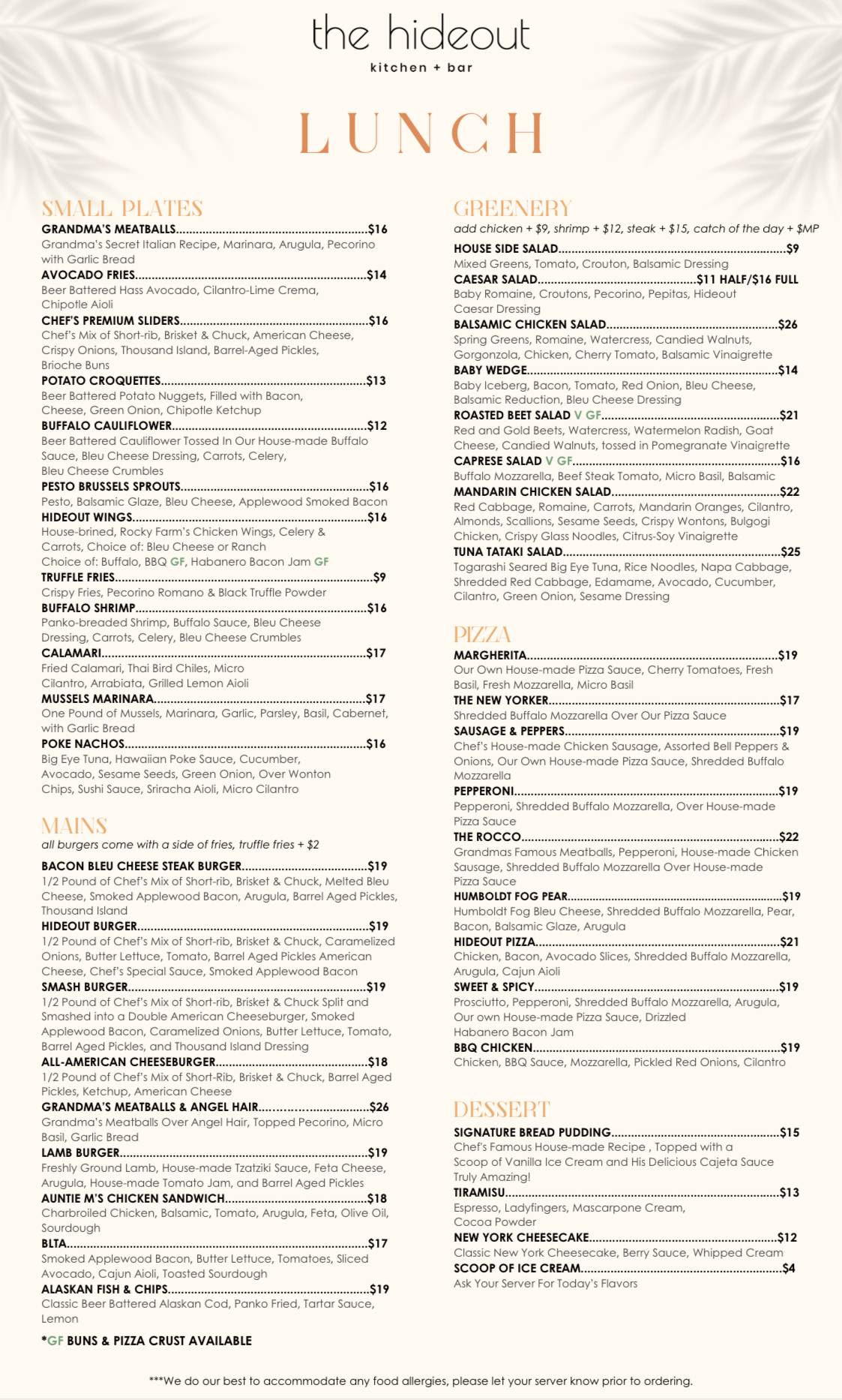 Menu at The Hideout Kitchen + Bar, Palm Desert