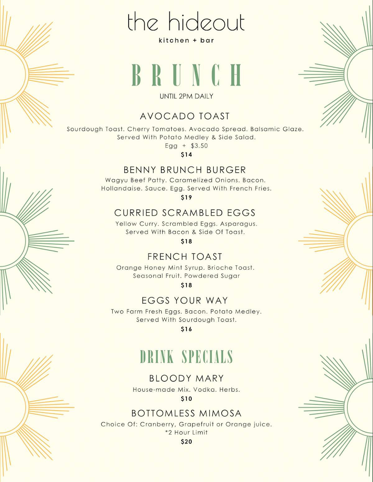 Menu at The Hideout Kitchen + Bar, Palm Desert