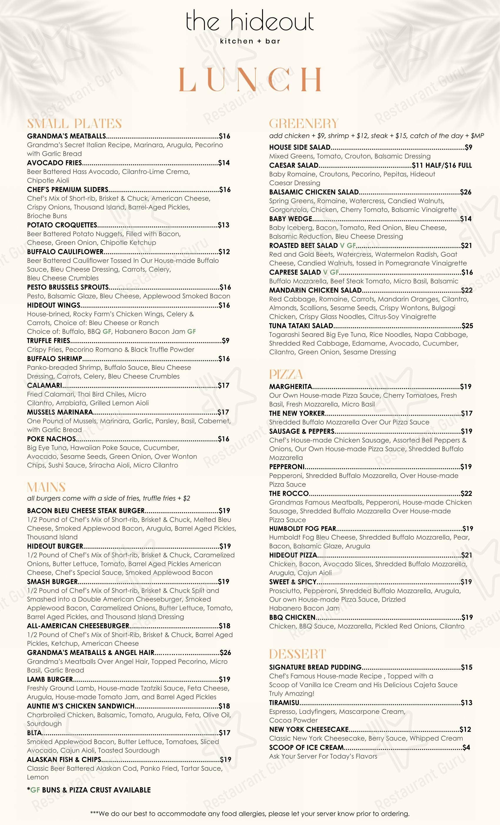 Menu at The Hideout Kitchen + Bar, Palm Desert