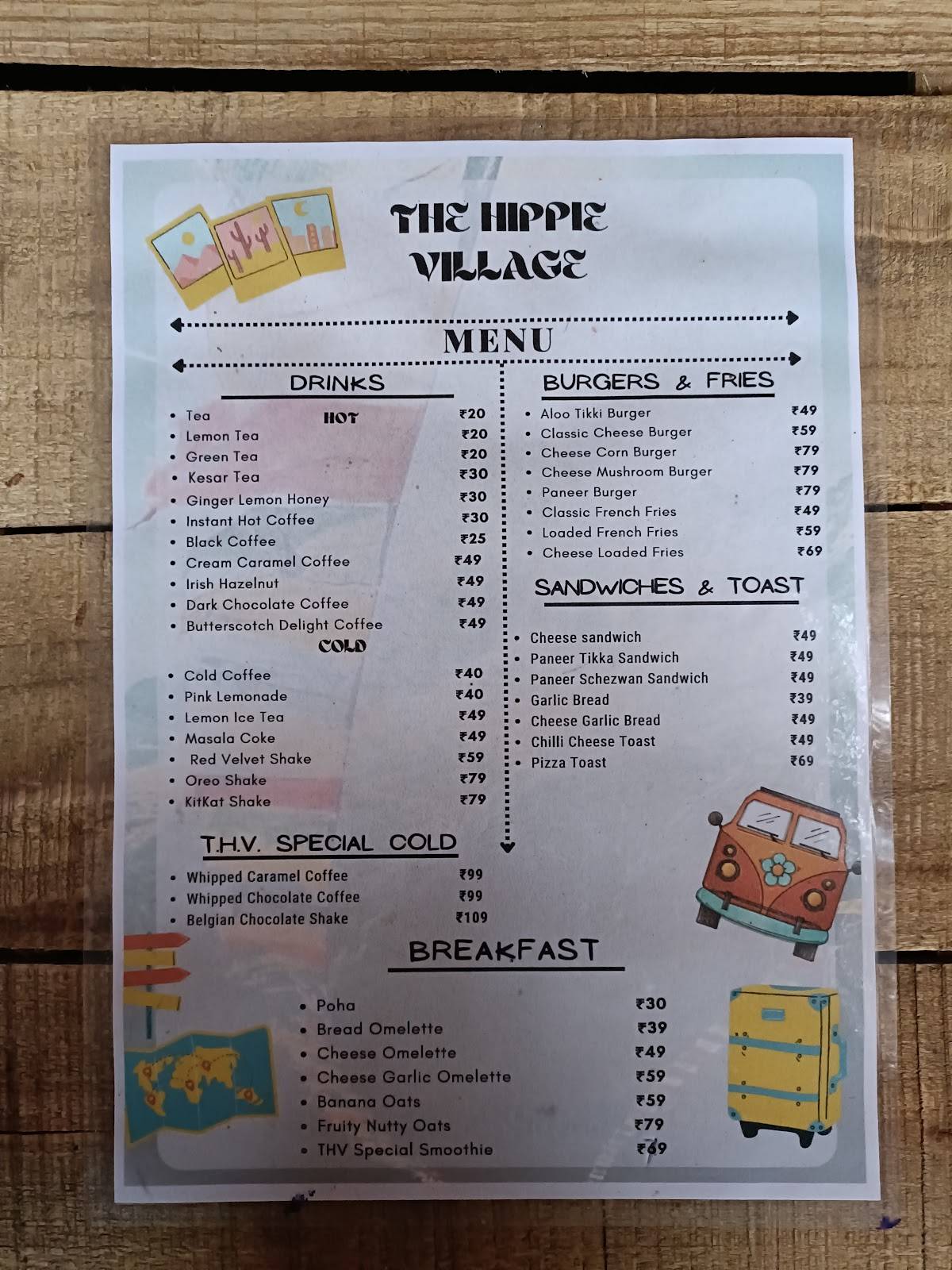 Menu at The Hippie Village, Varanasi