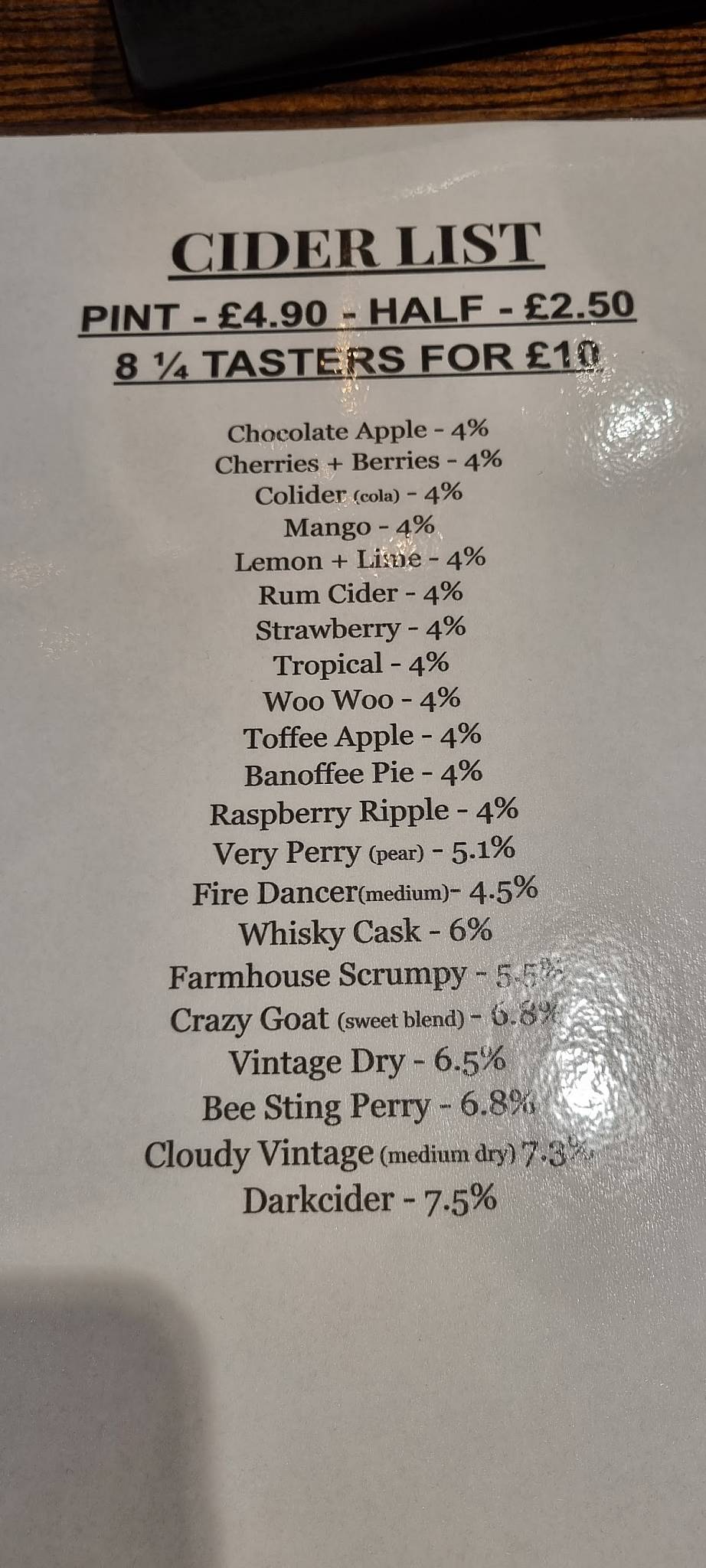 Menu at The Hobbit Pub, Southampton