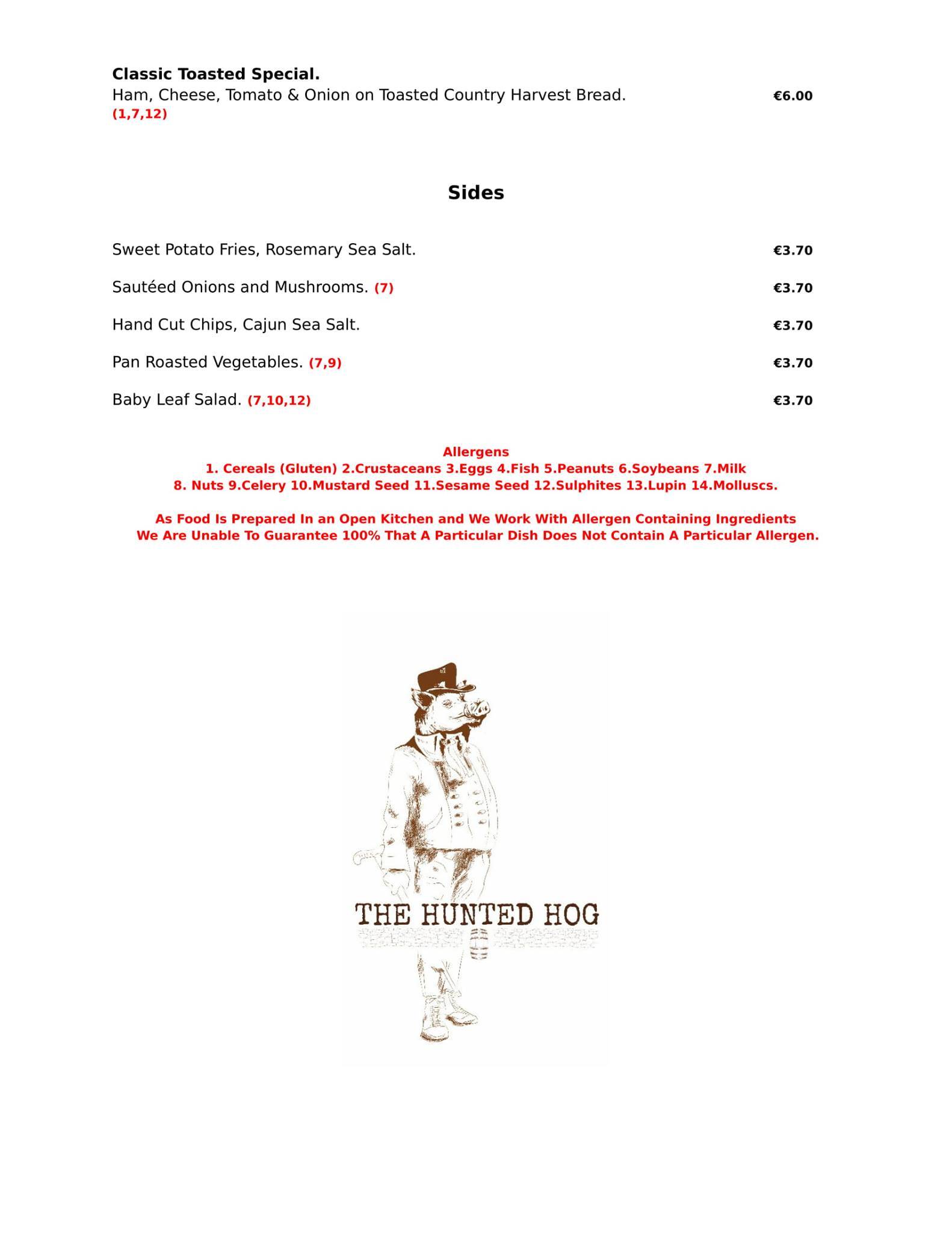 Menu at The Hunted Hog pub & bar, Castlemartyr