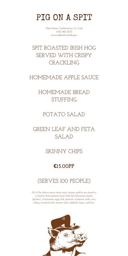 Menu at The Hunted Hog pub & bar, Castlemartyr