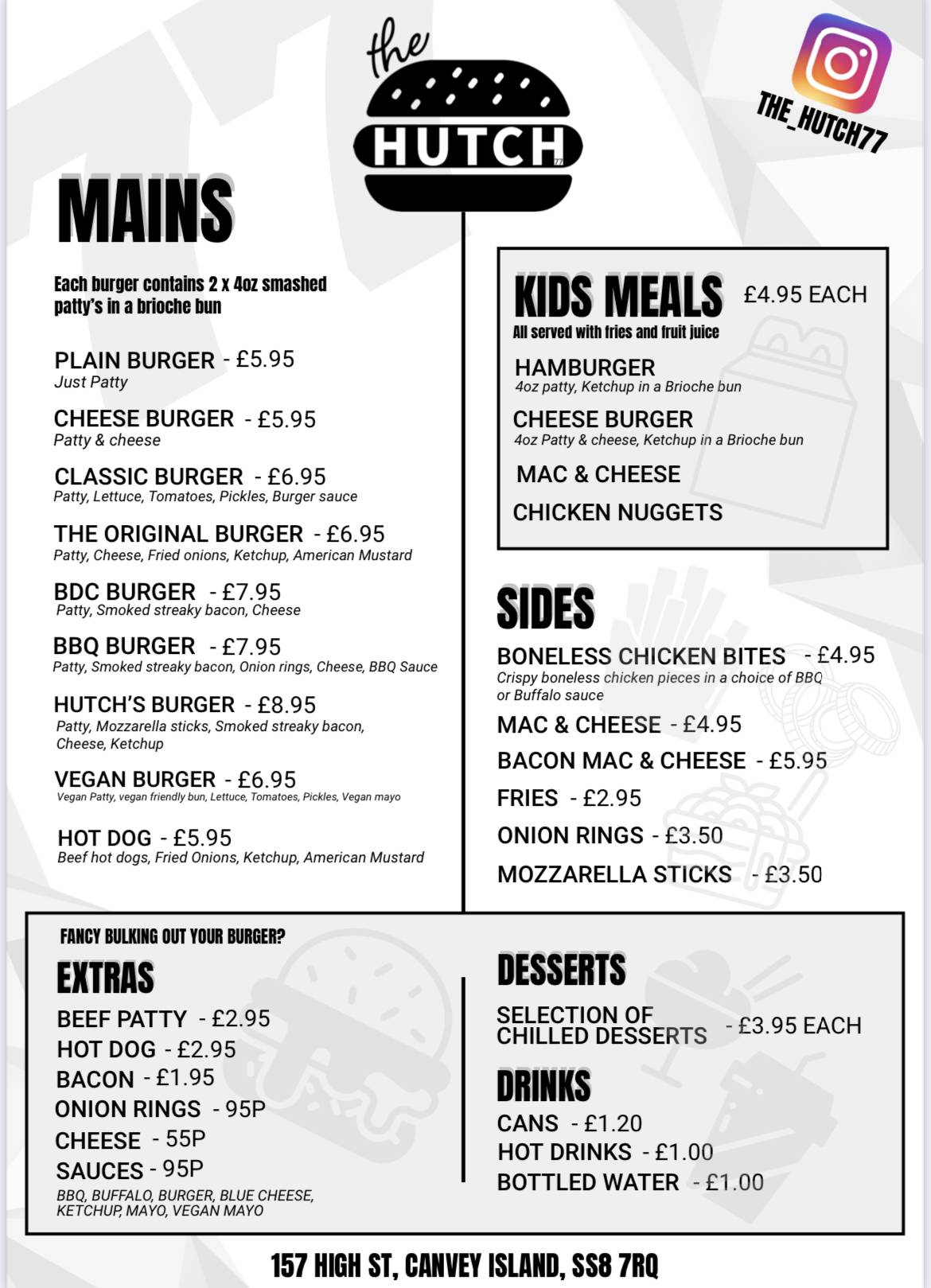 Menu at The Hutch restaurant, Canvey Island