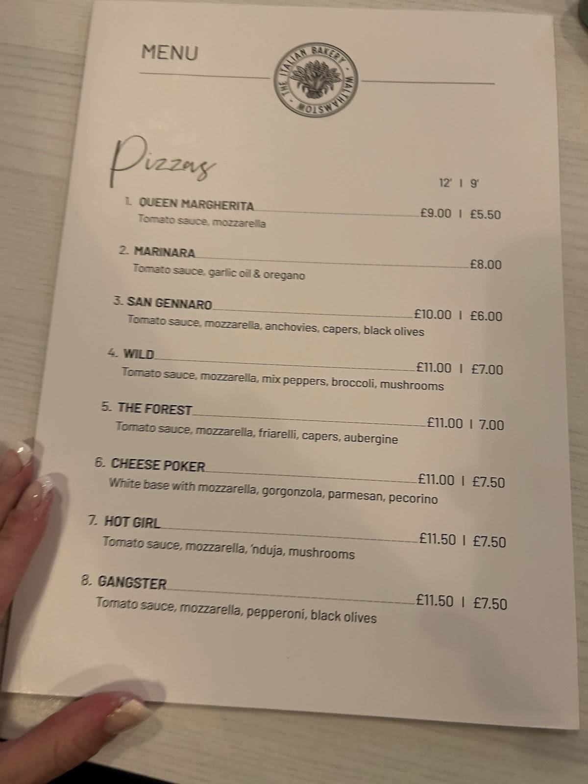 Menu at The Italian Bakery, London