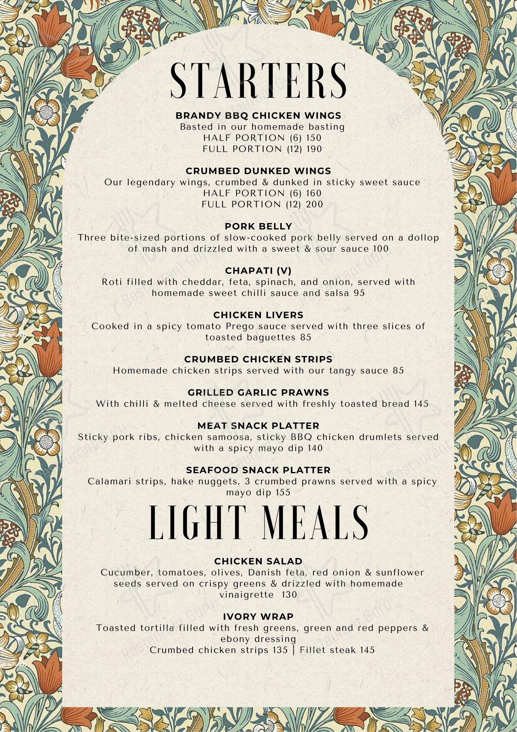 Menu at The Ivory Eatery restaurant, Mthatha
