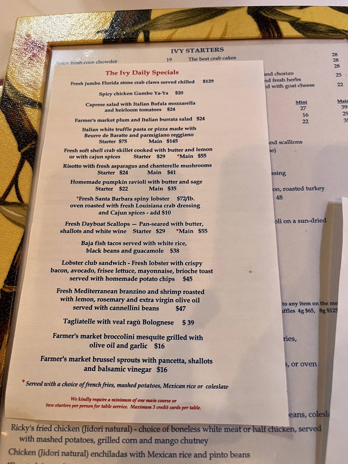 Menu at The Ivy pub & bar, Los Angeles, 113 N Robertson Blvd