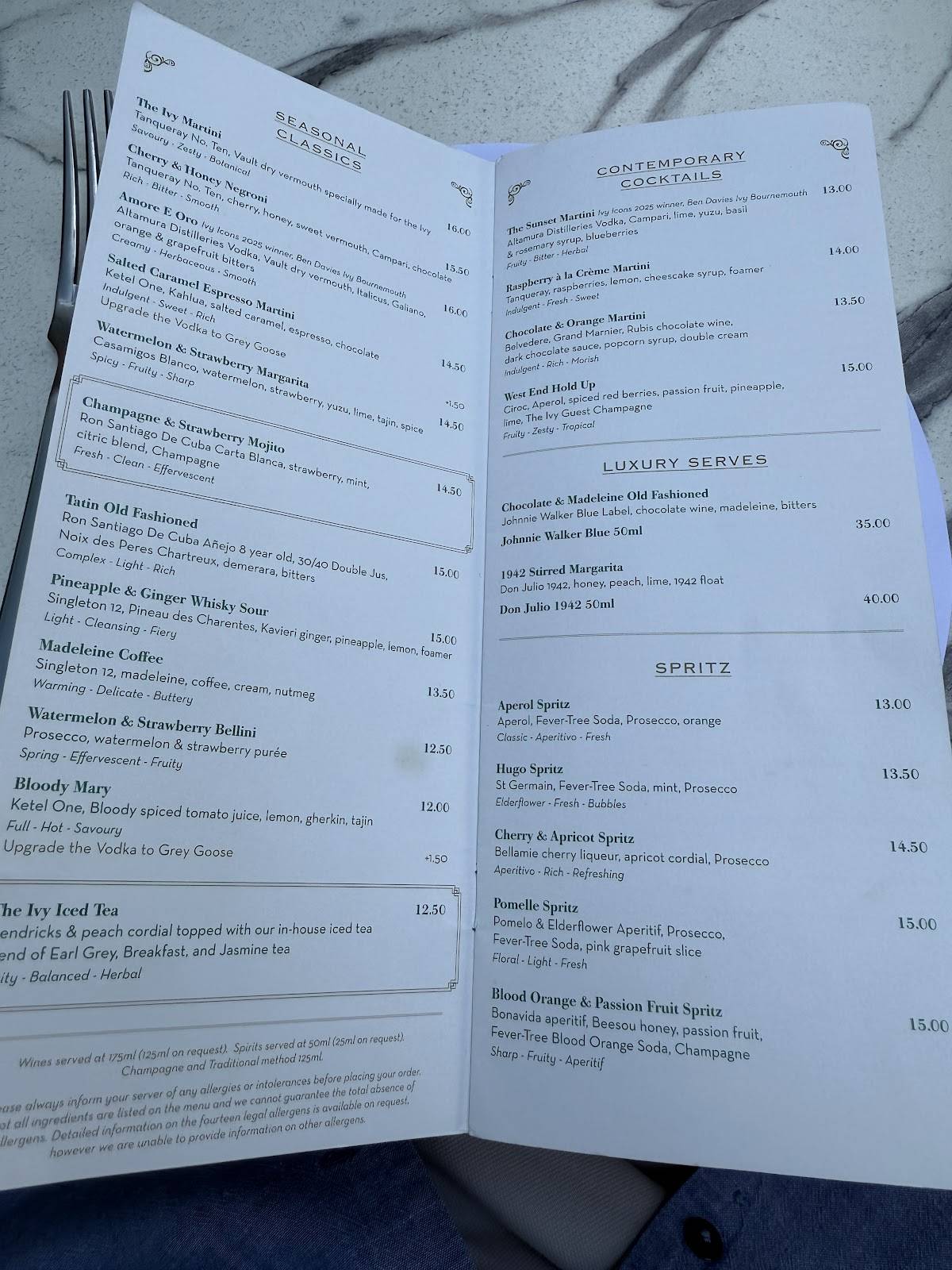 Menu at The Ivy On The Square Edinburgh restaurant, Edinburgh