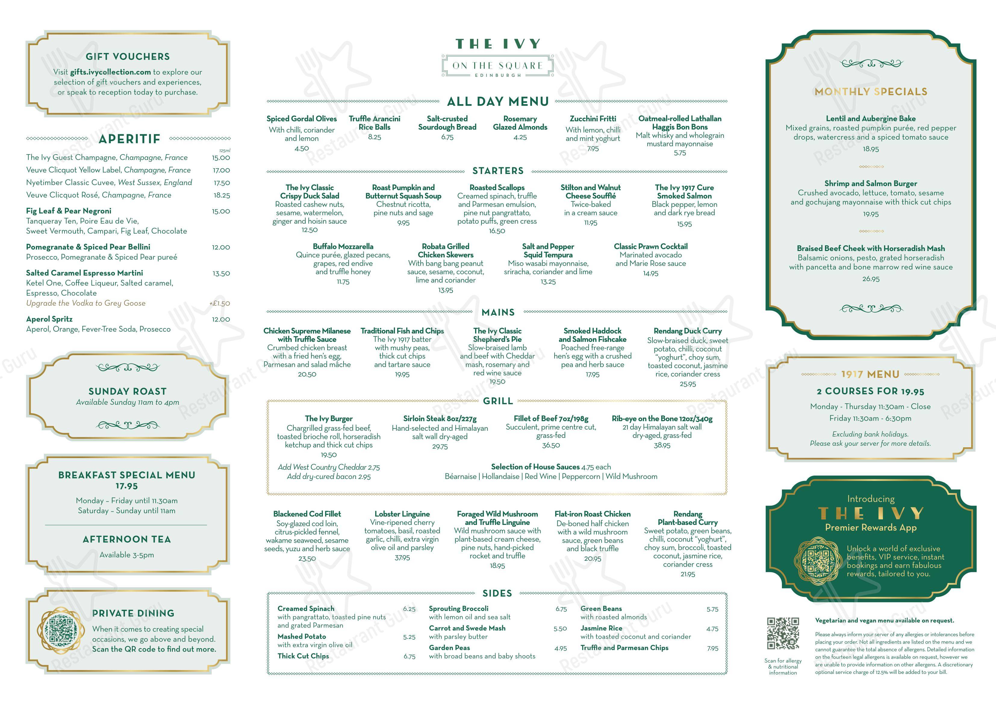 Menu at The Ivy On The Square Edinburgh restaurant, Edinburgh
