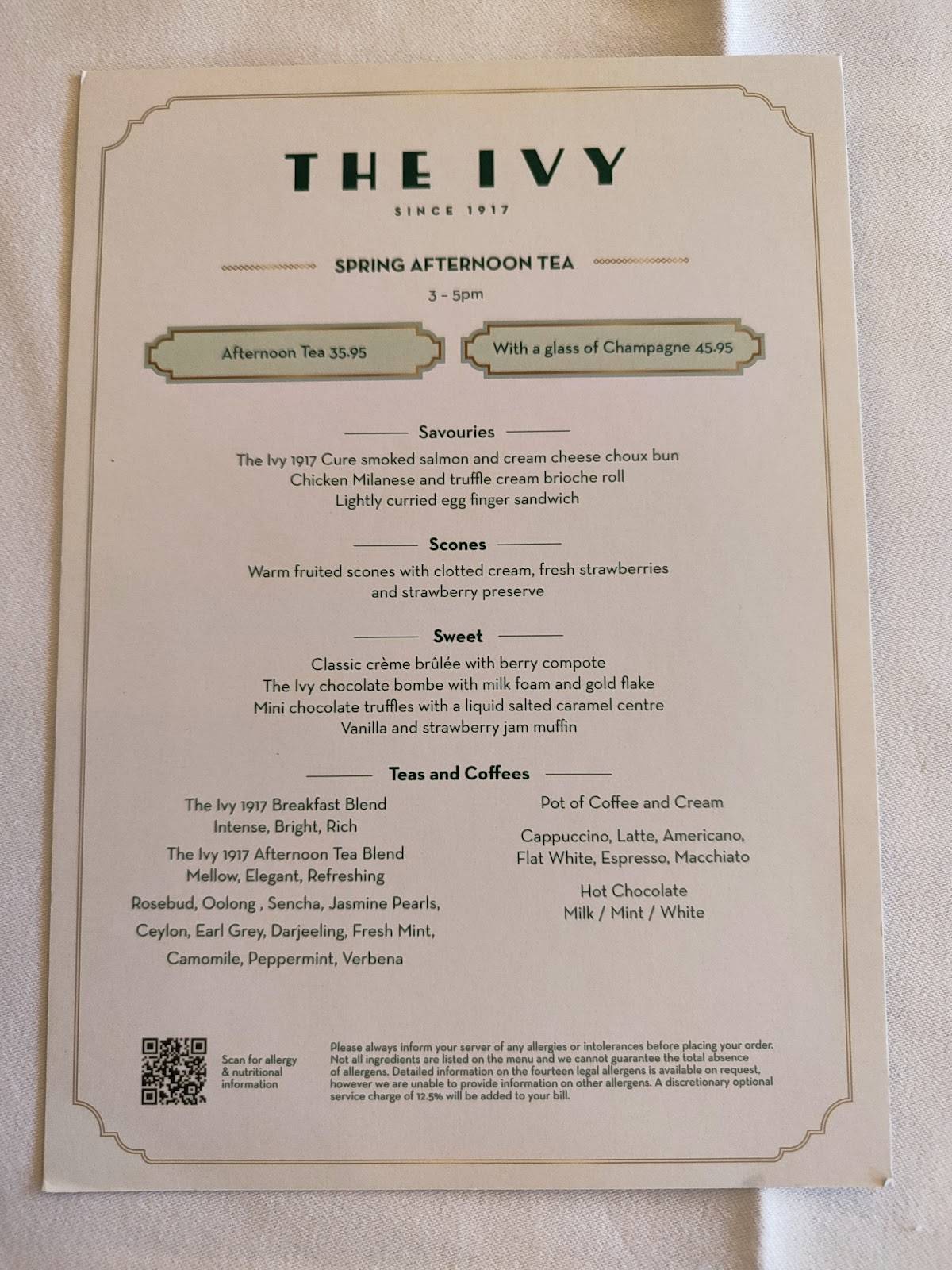 Menu at The Ivy Windsor restaurant, Windsor