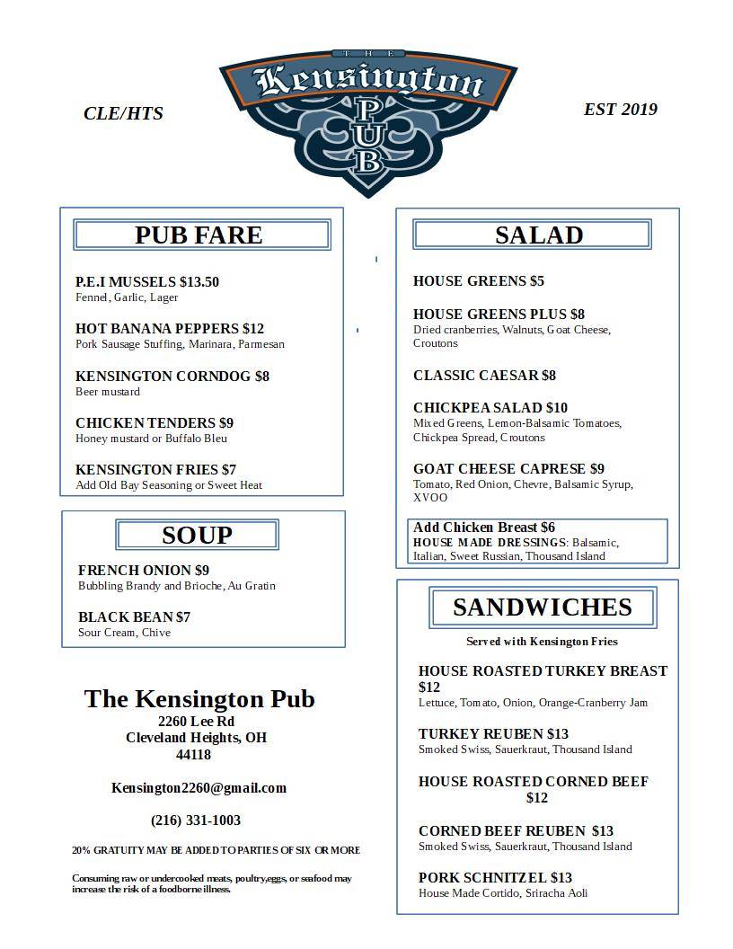 Menu at The Kensington Pub, Cleveland