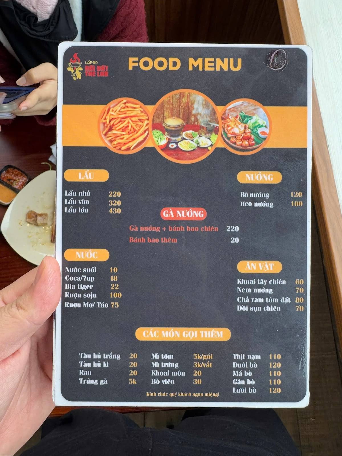 Menu at The Lab Đà Lạt restaurant, Dalat